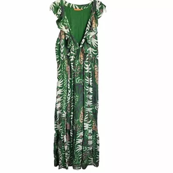 Oliphant | Dresses | Oliphant Silk Blend Green Floral Ruffle Vneck ...